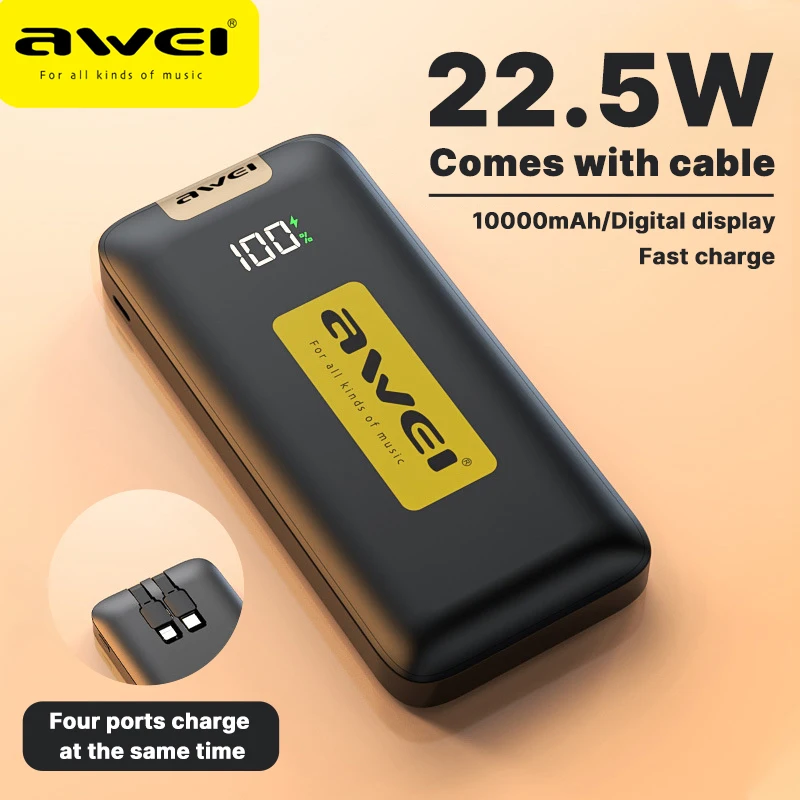 Premium Awei P166K Fast Charging 22.5W 10000mAh Powerbank With in-buit ...